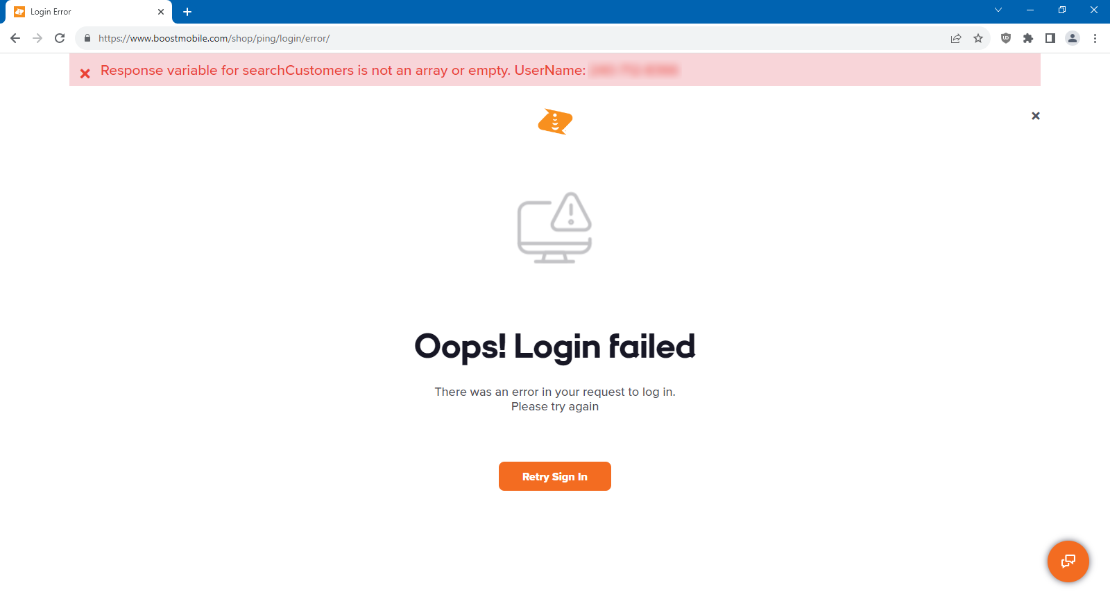 Tech error message for the last 2 days when trying to log in to the web ...
